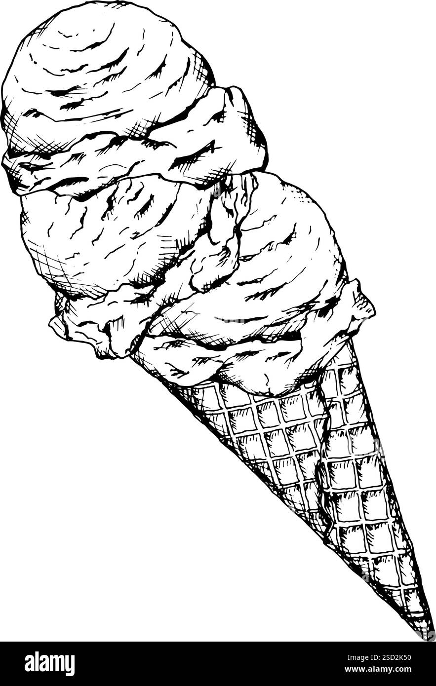 Monochrome ink illustration of an ice cream cone with a scoop of creamy ...