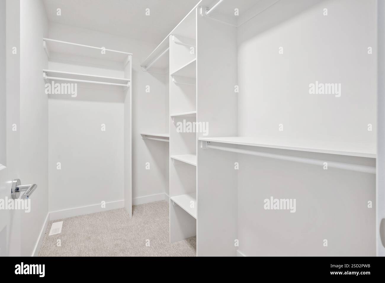 White closet with a door and shelves. The closet is empty and the walls ...