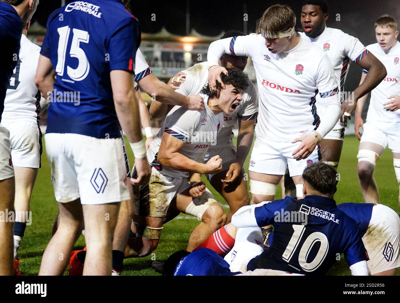 England's Kane James celebrates scoring their sides first try of the ...