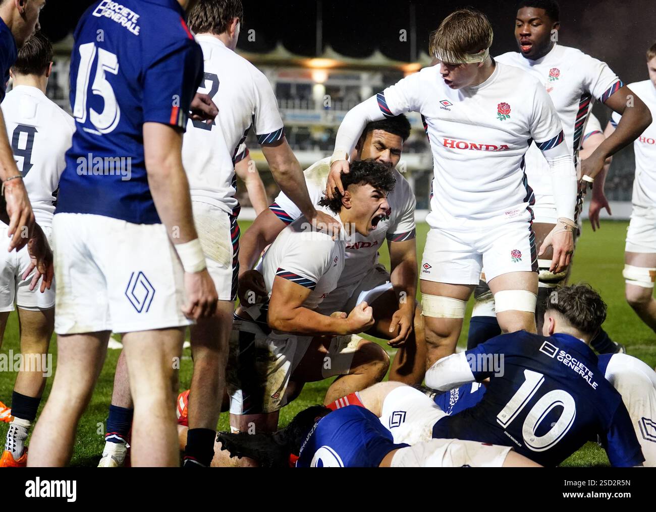 England's Kane James celebrates scoring their sides first try of the ...