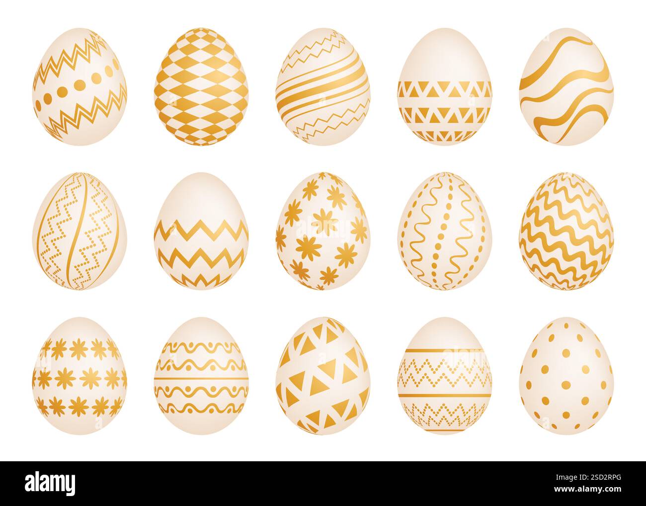 Set of Fifteen Easter eggs with gold texture on a white background ...