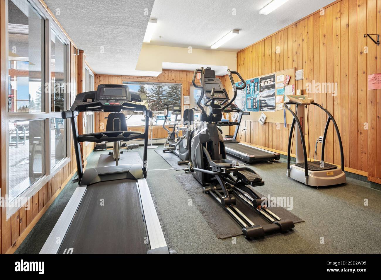 Gym with treadmills and a stationary bike. The gym is well lit and has ...