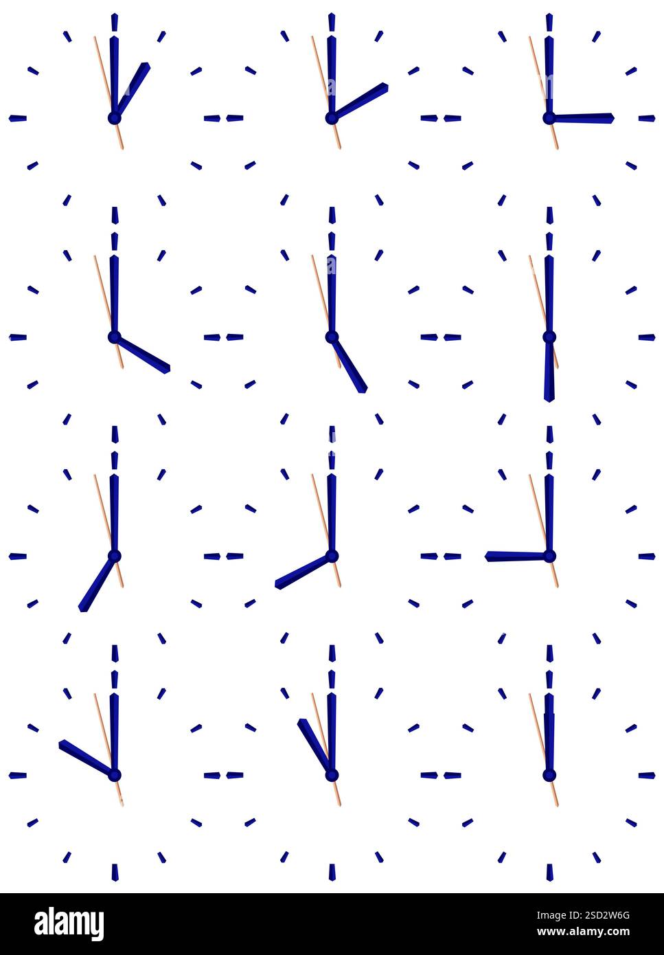 A set of mechanical clocks with an image of each of the twelve hours ...