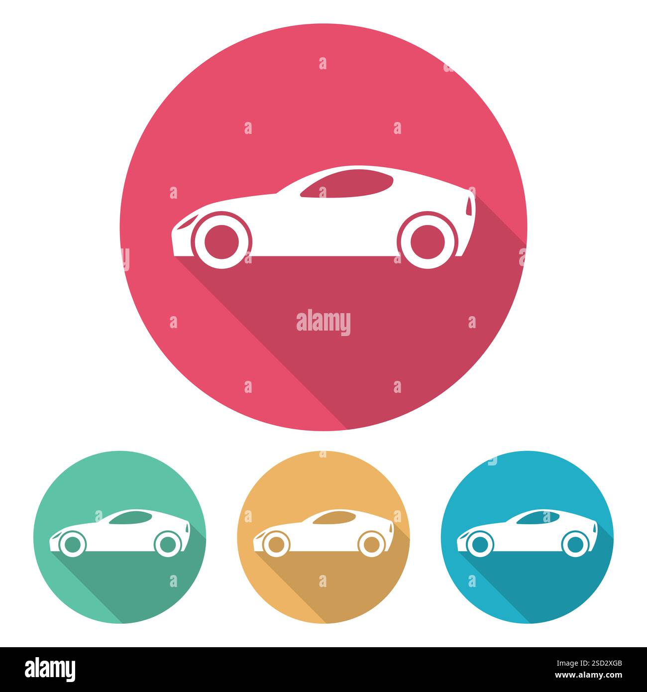 Set of four flat style cars in multi colored circles with shadow ...