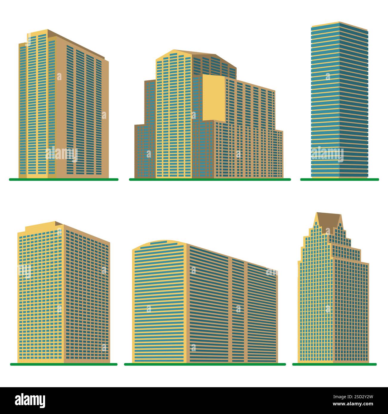 Set of six modern high-rise building on a white background. View of the ...