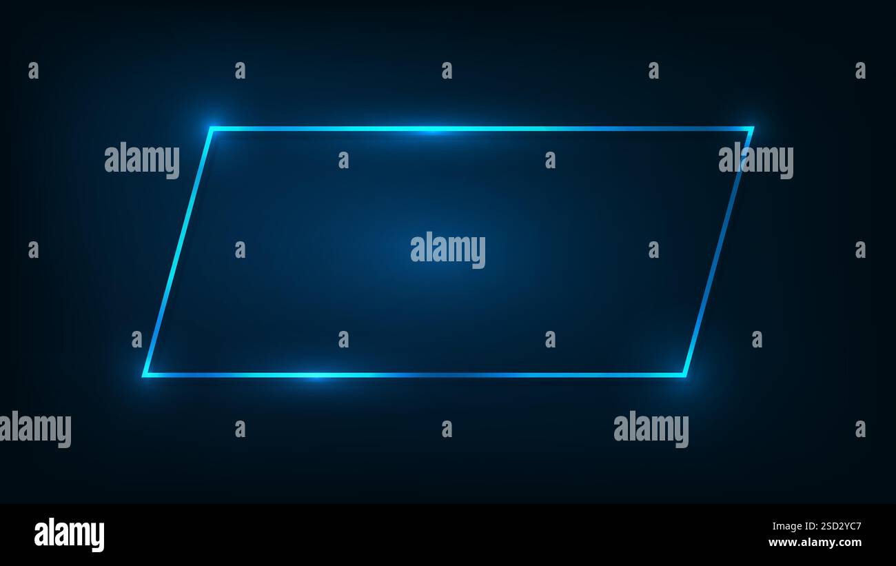 Neon rectangular frame with shining effects on dark background. Empty ...