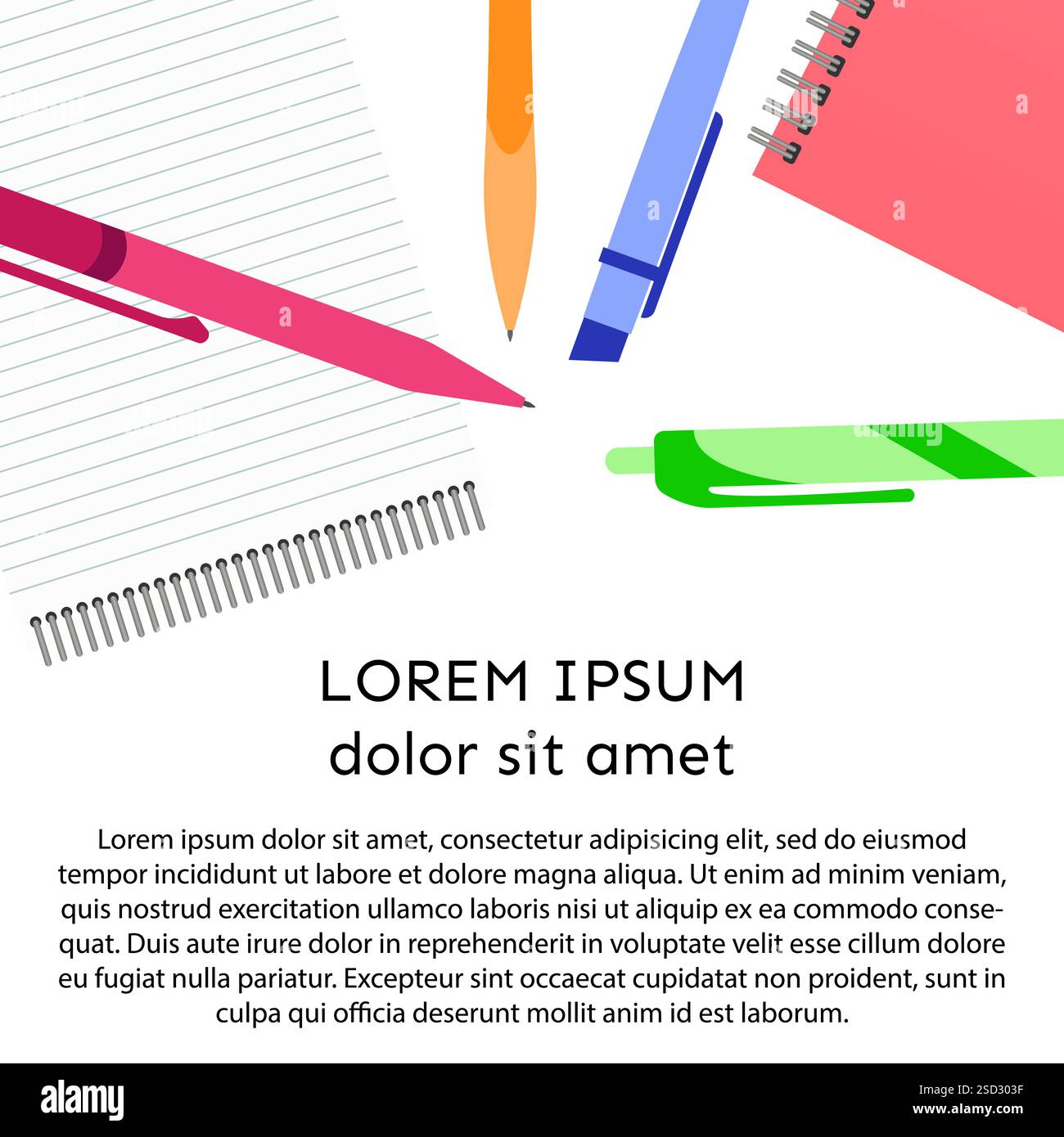 Background with notebook, pens, pencils and place for your text. Vector ...