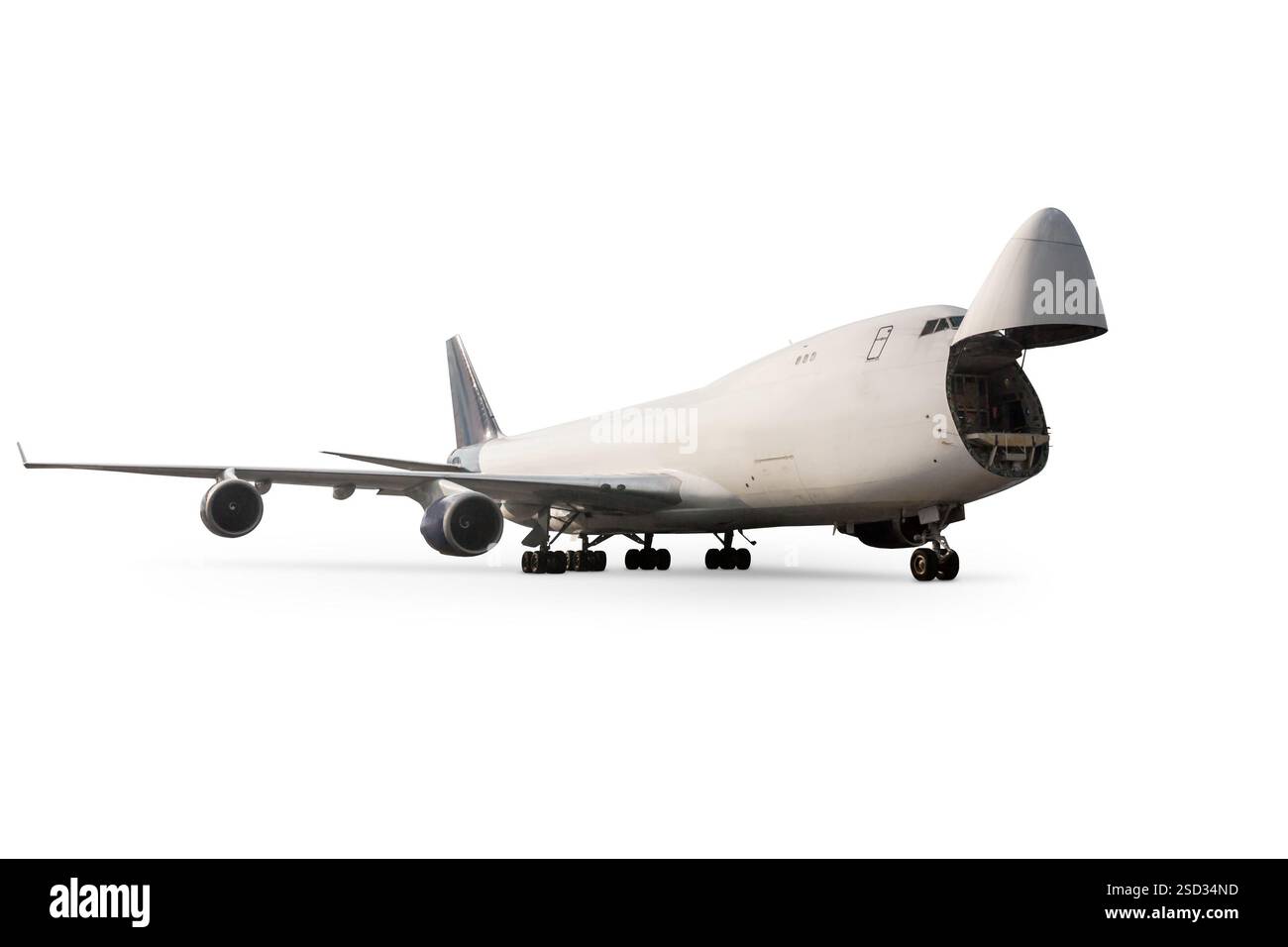 Wide body cargo transport airplane with an open nose hatch isolated on ...
