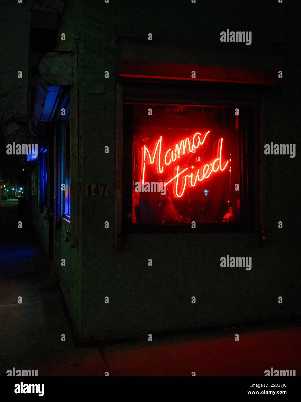 Mama Tried bar vintage neon sigh at night, Brooklyn, New York City ...