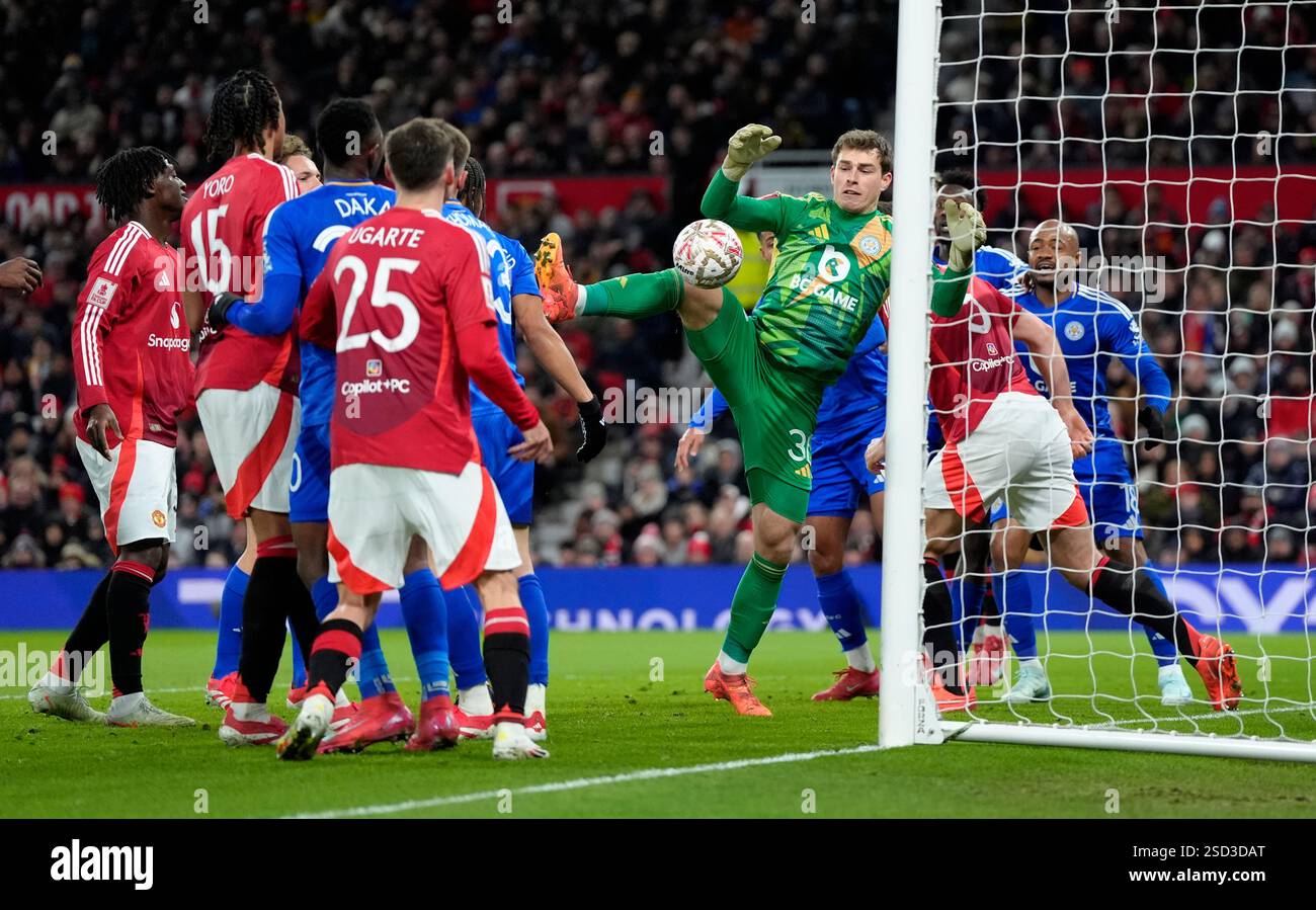 Leicester City goalkeeper Mads Hermansen almost scores an own goal ...