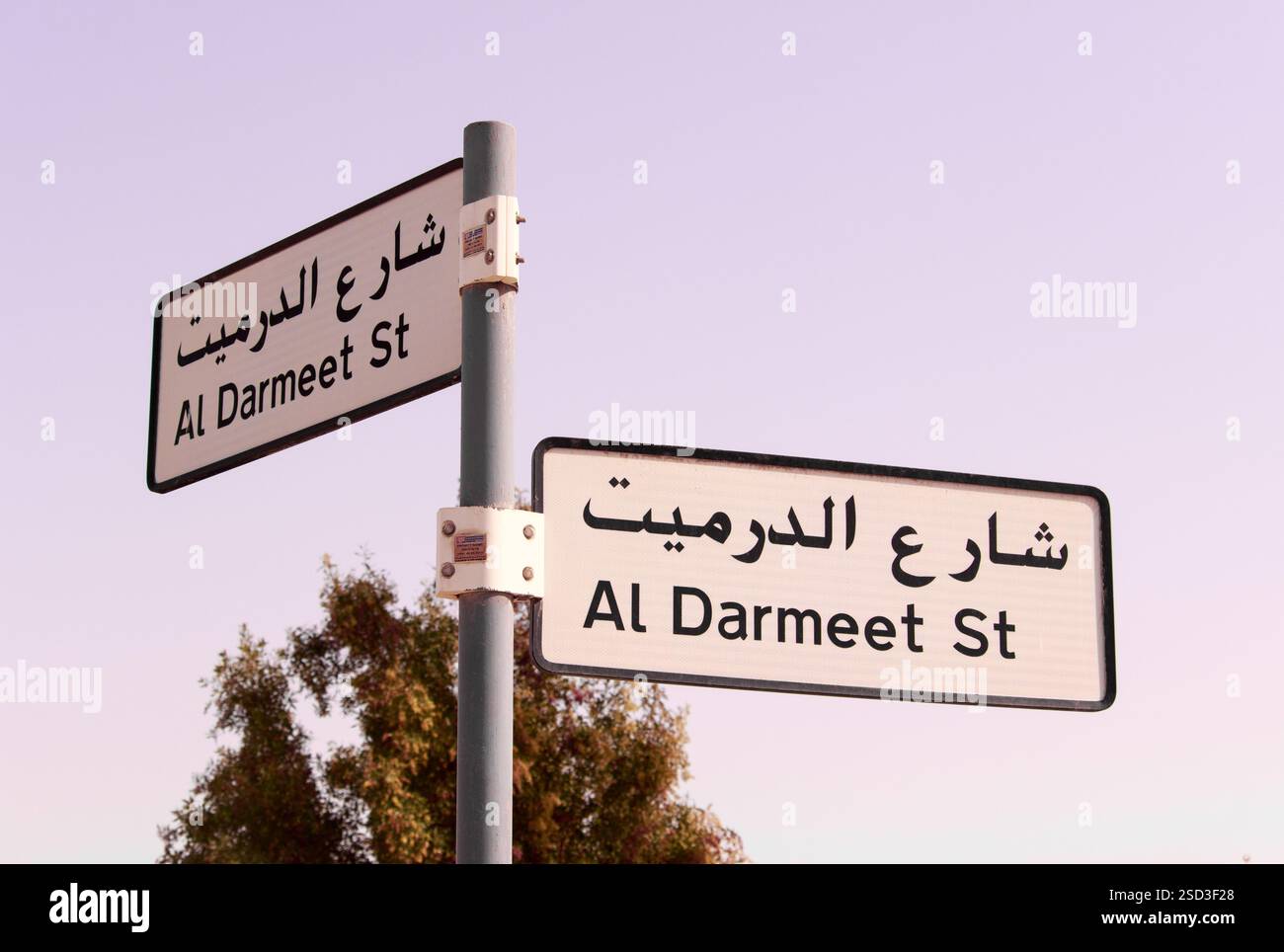 Bilingual street signs in Arabic and English at an intersection under a ...
