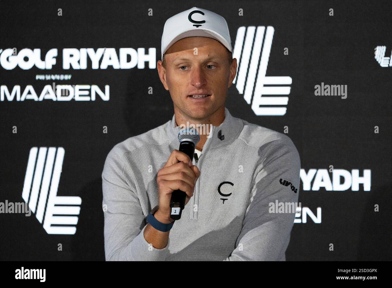Adrian Meronk of Cleeks GC speaks at a press conference during the second round of LIV Golf ...