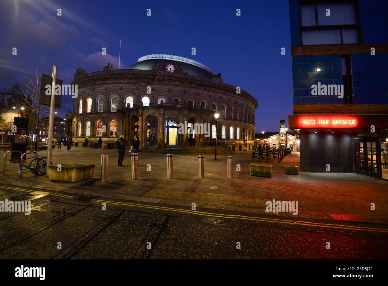 Evening and the exterior of Leeds Corn Exchange, West Yorkshire ...