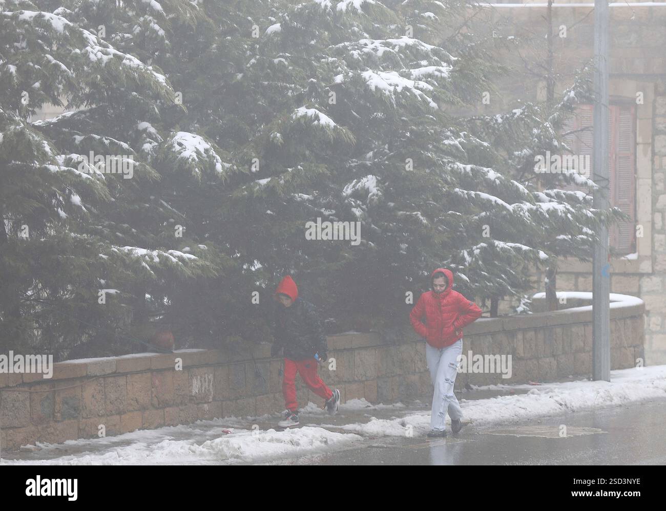 Sawfar, Lebanon. 7th Feb, 2025. People walk on a snow-covered road in ...