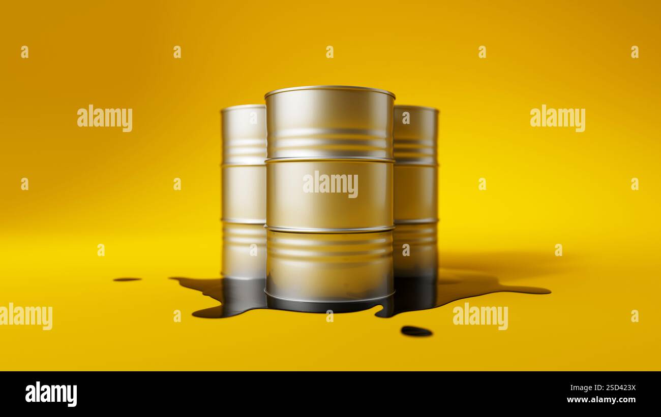 Three silver metal oil barrels stand on spilled puddle of crude oil on ...
