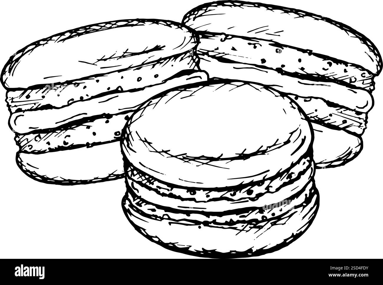 Black and white illustration of three macarons, drawn in a detailed ...