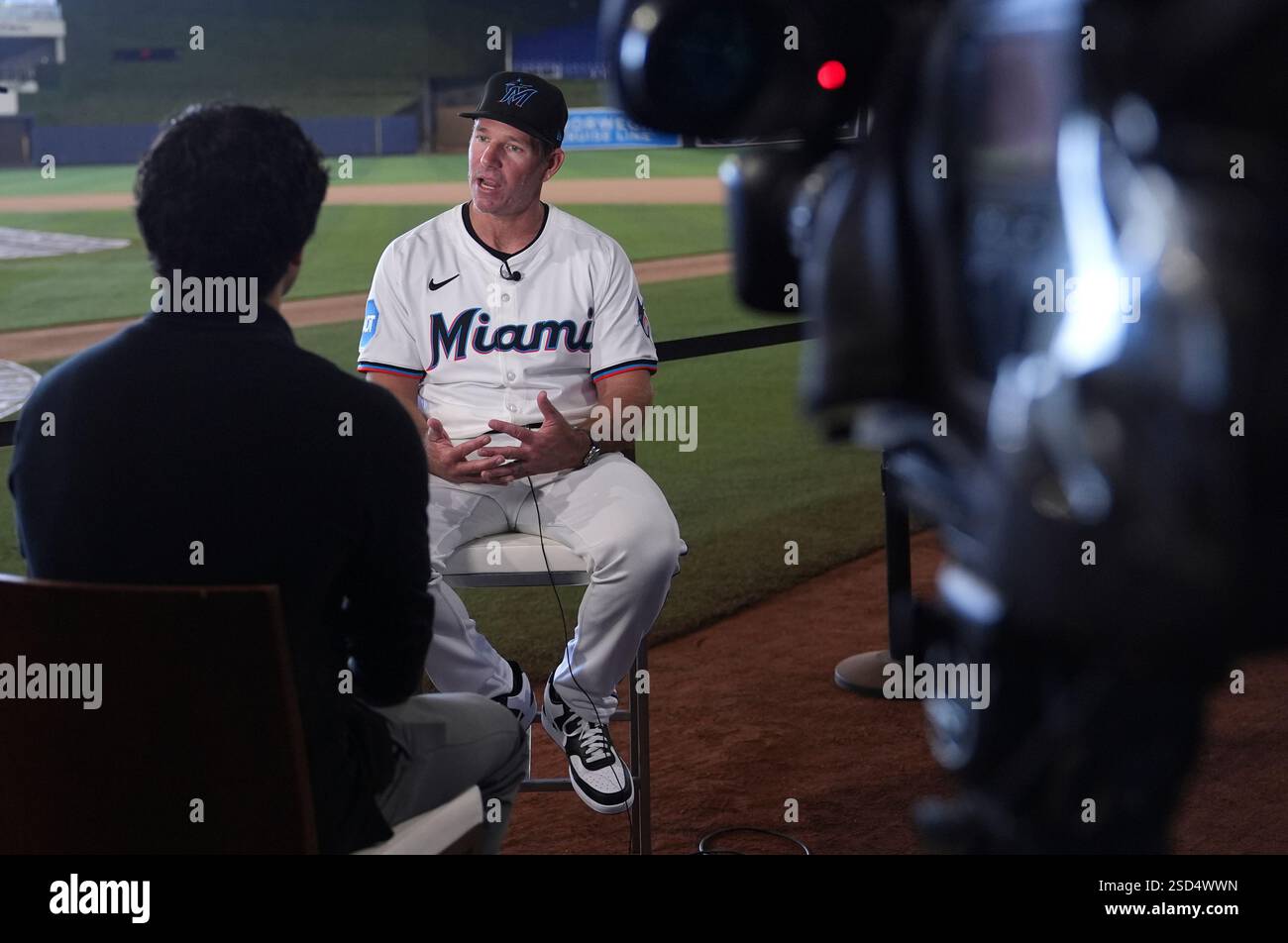 Miami Marlins manager Clayton McCullough is interviewed during the ...