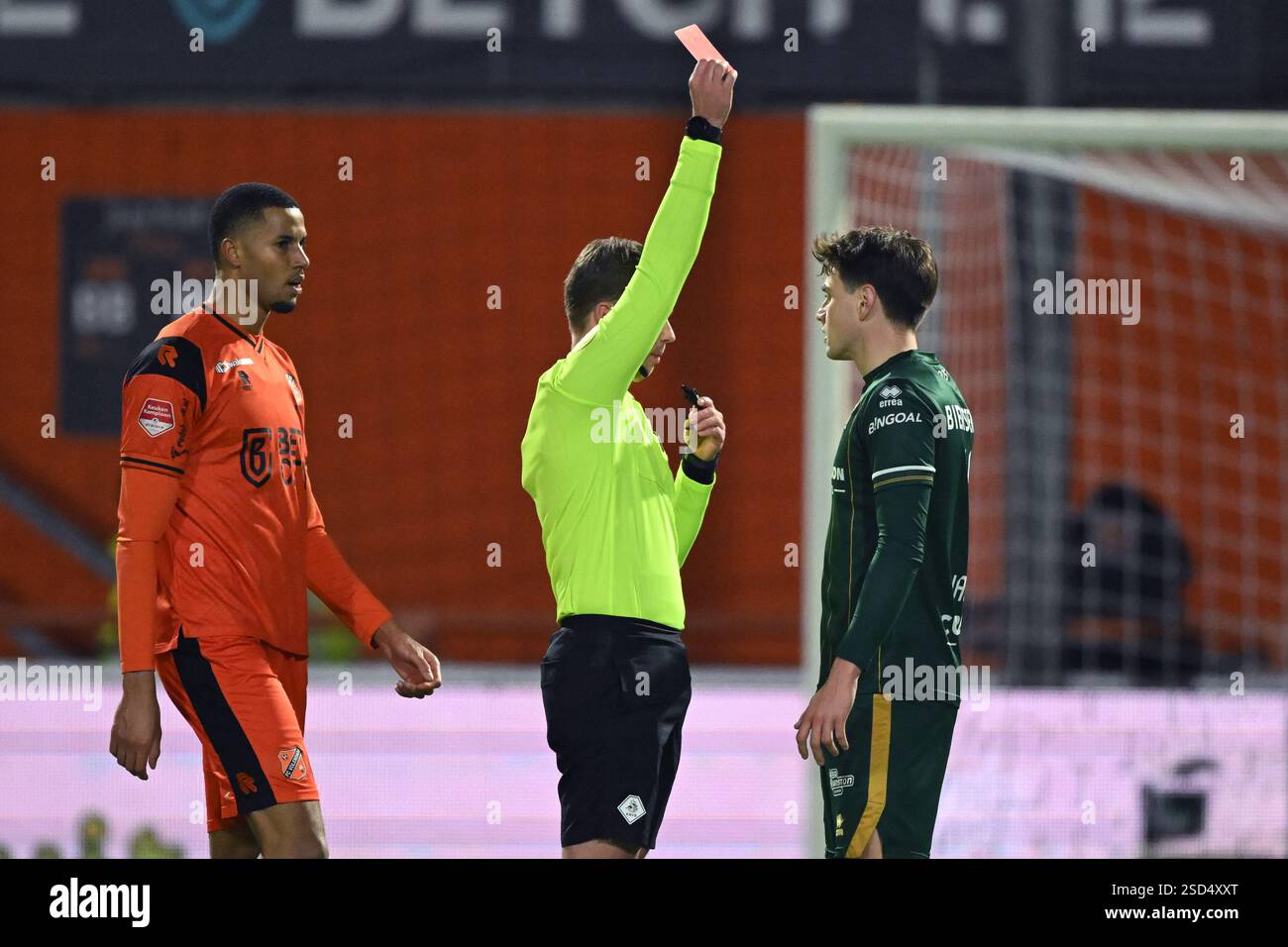 VOLENDAM - Matteo Waem of ADO Den Haag (r) receives a red card from ...