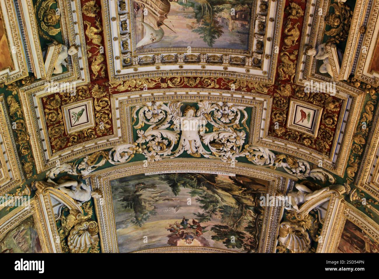 Vatican City - September 5 2018: Intricate Ceiling Frescoes and Gilded Stucco in the Gallery of ...