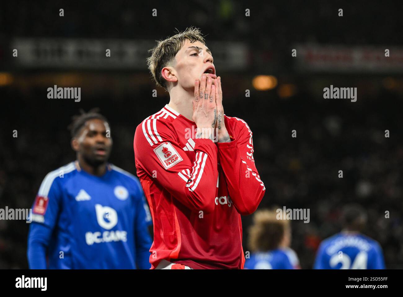 Alejandro Garnacho of Manchester United reacts to a missed chance on ...