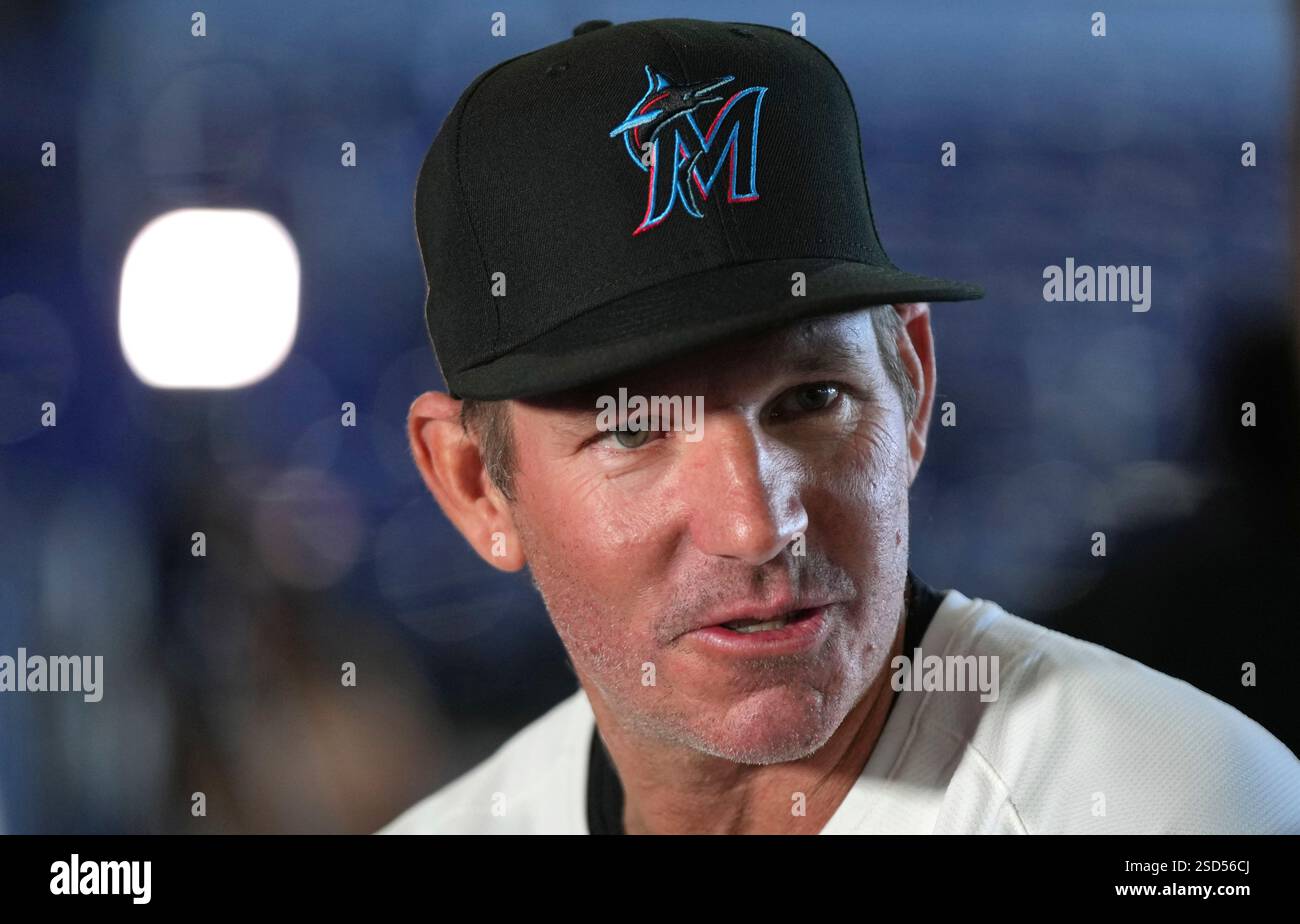 Miami Marlins manager Clayton McCullough is interviewed during the ...