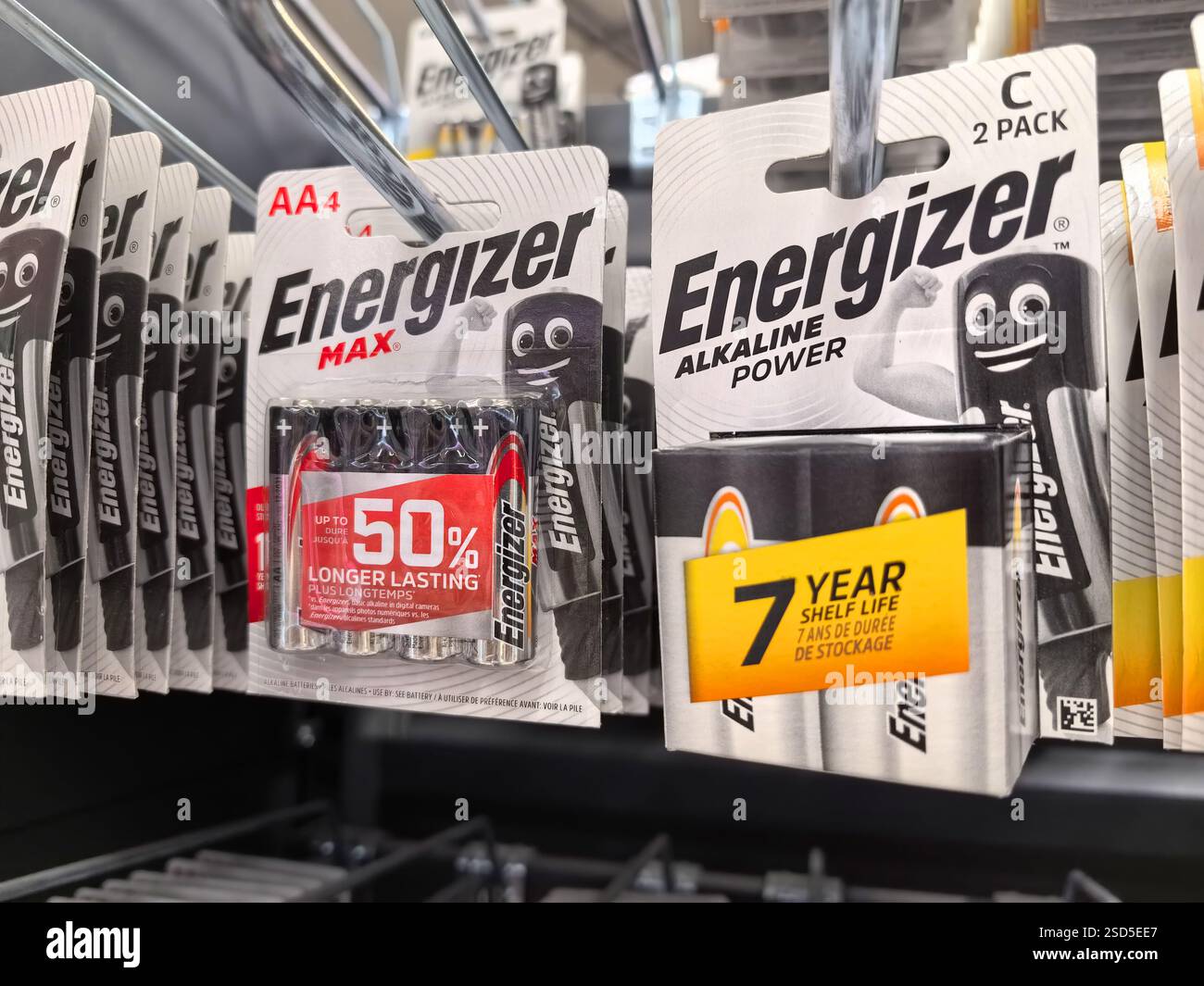 Bobruisk, Belarus - 4 February 2025: Shelves are filled with batteries ...