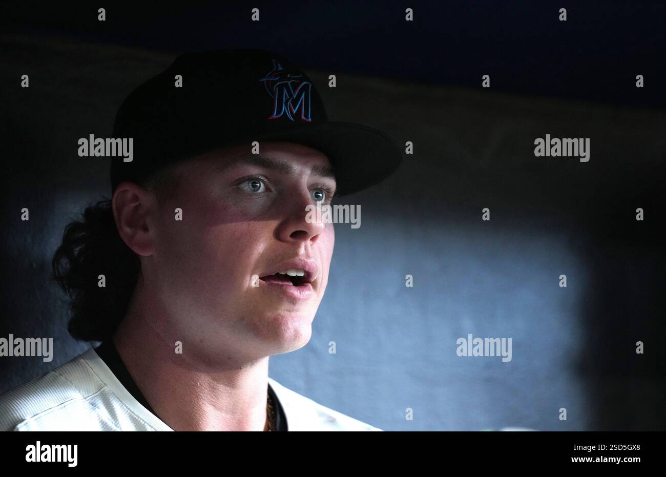 Miami Marlins pitcher Ryan Weathers is interviewed during the baseball ...