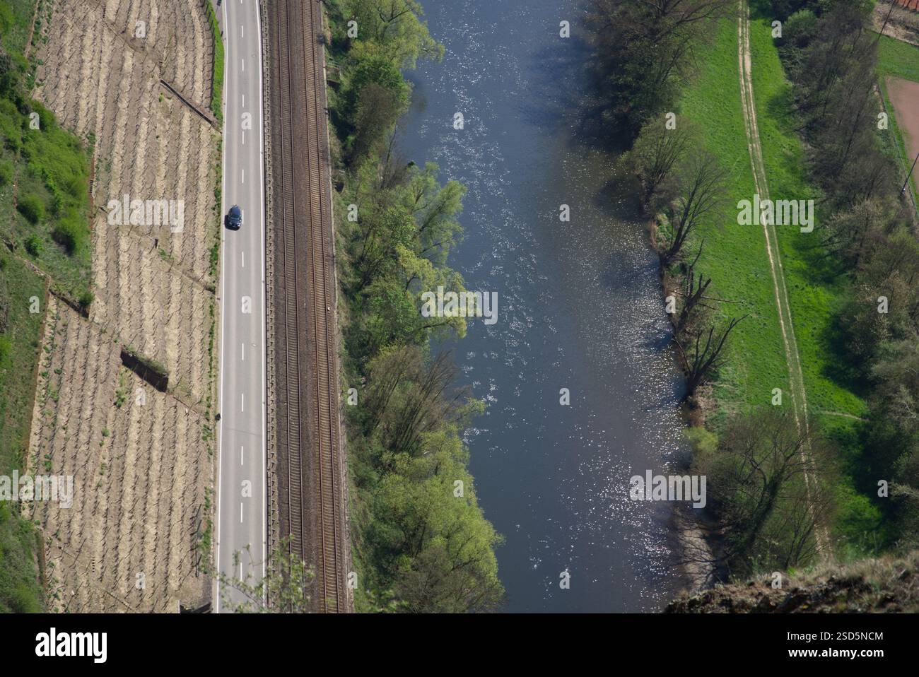 Road, railway, river and dirt track running parallel to each other ...