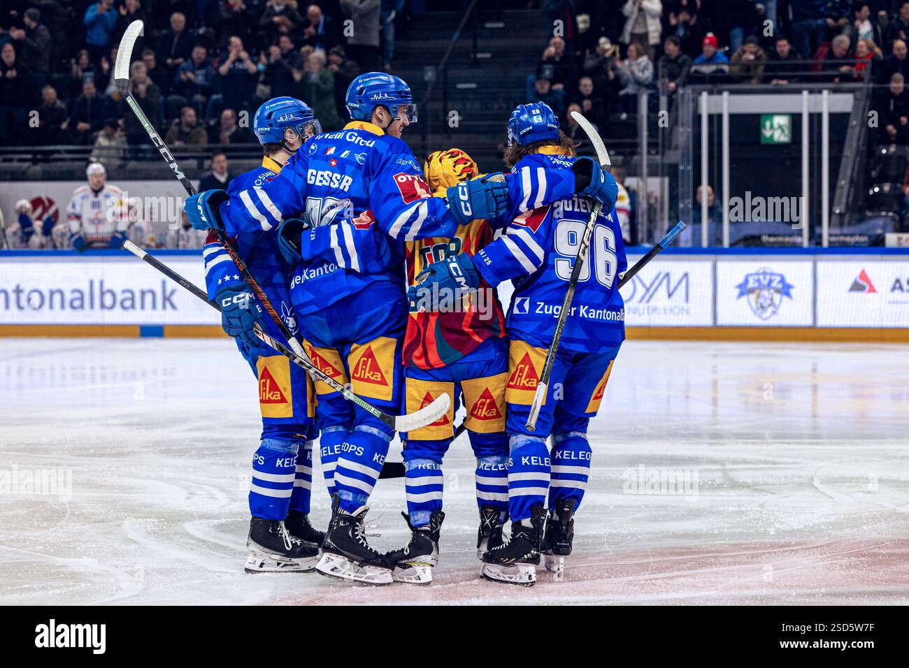 Top scorer Lino Martschini (EV Zug) celebrates with Tobias Geisser #42 ...