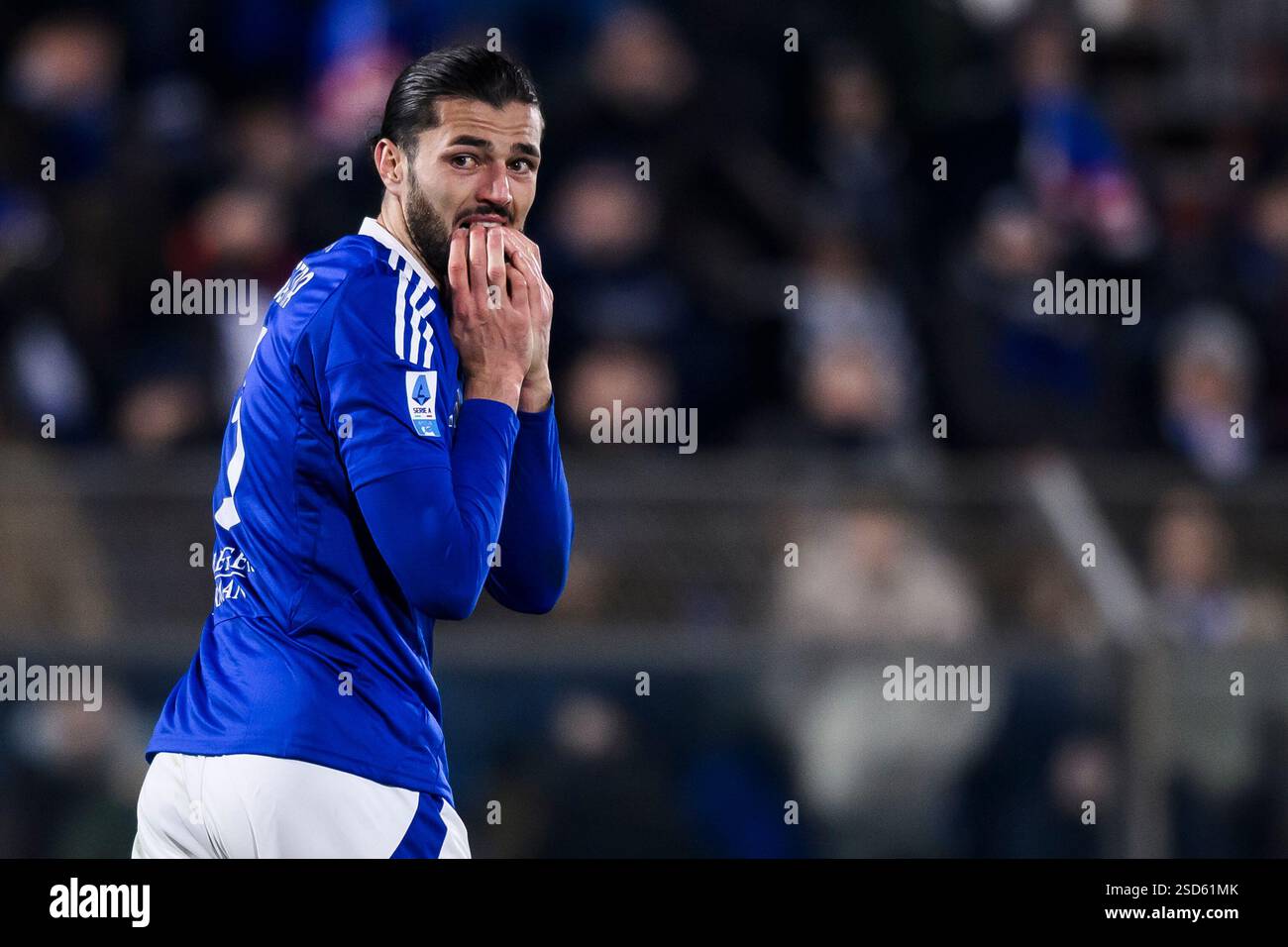 Como, Italy. 7 February 2025. Edoardo Goldaniga of Como 1907 look ...