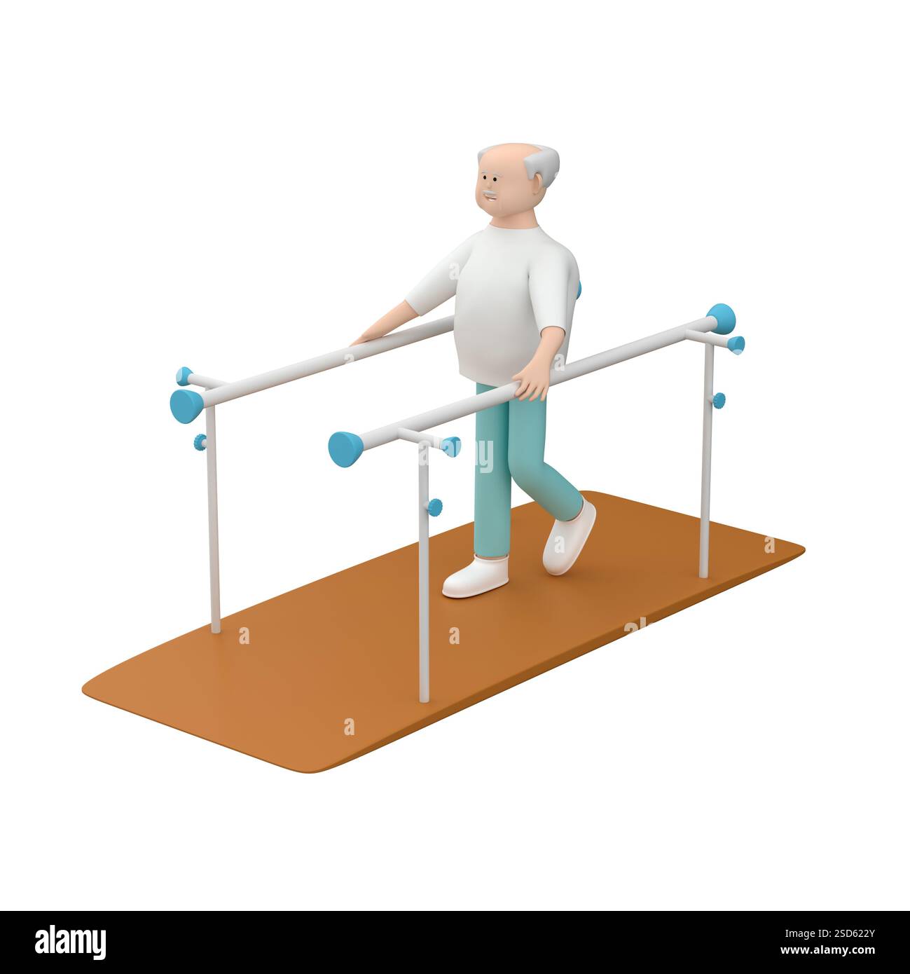 Senior male character doing rehabilitation exercises walking while ...