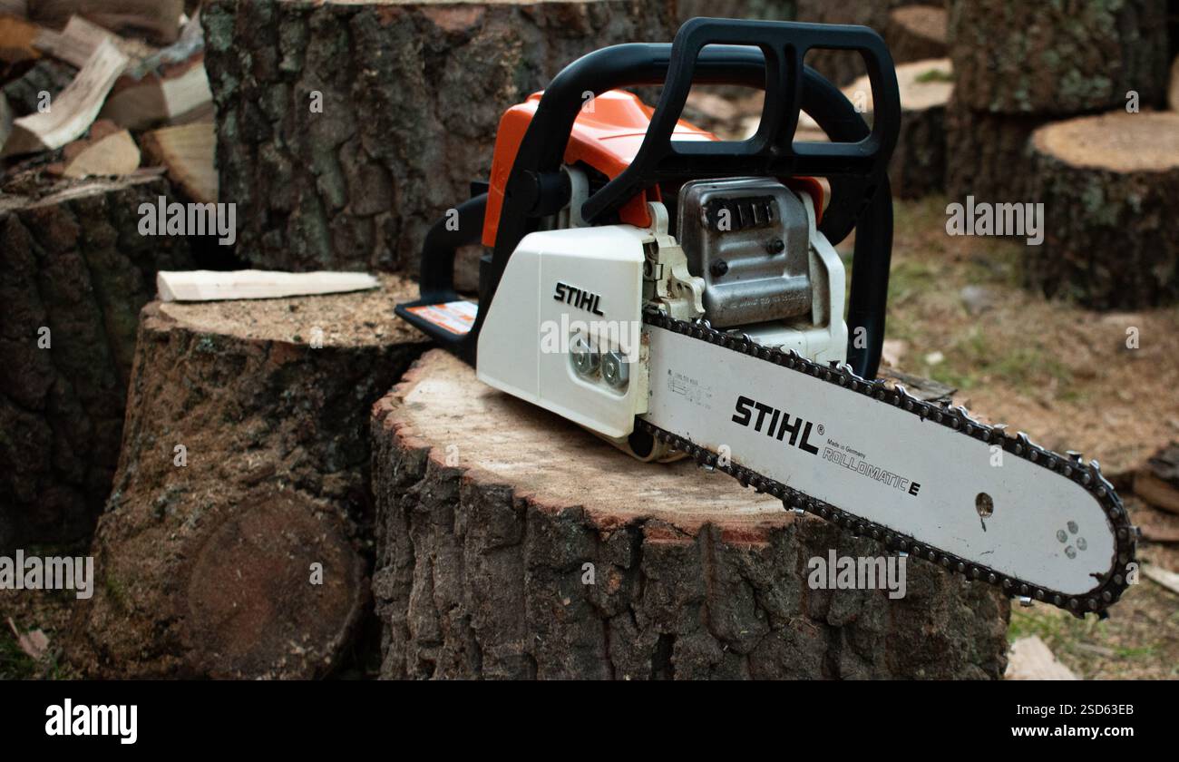 Stihl chain saw. Stihl is a German manufacturer of chainsaws and other ...