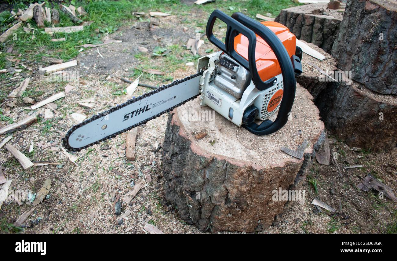 Stihl chain saw. Stihl is a German manufacturer of chainsaws and other ...