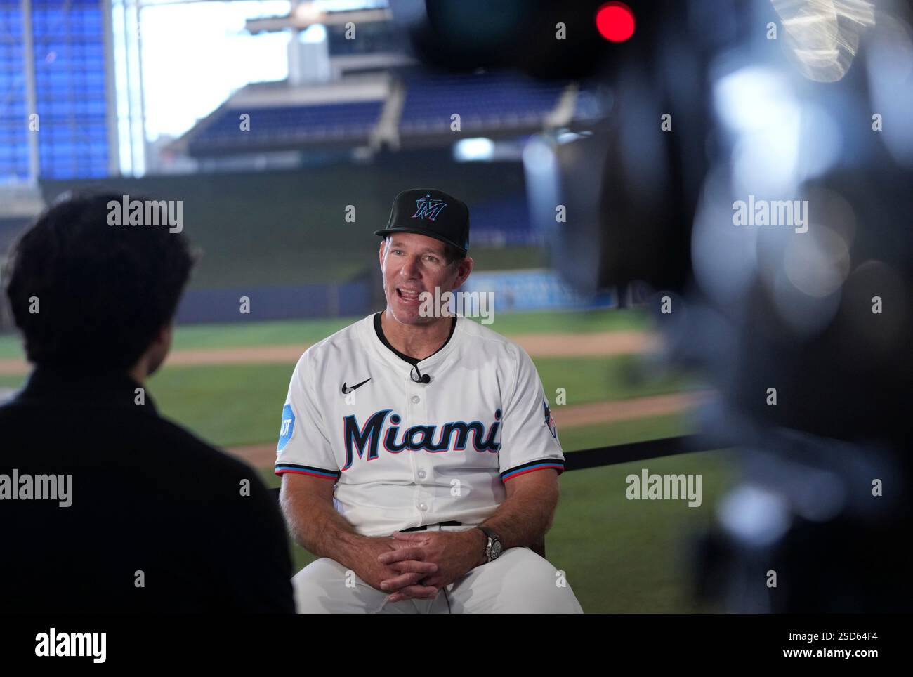 Miami Marlins manager Clayton McCullough is interviewed during the ...