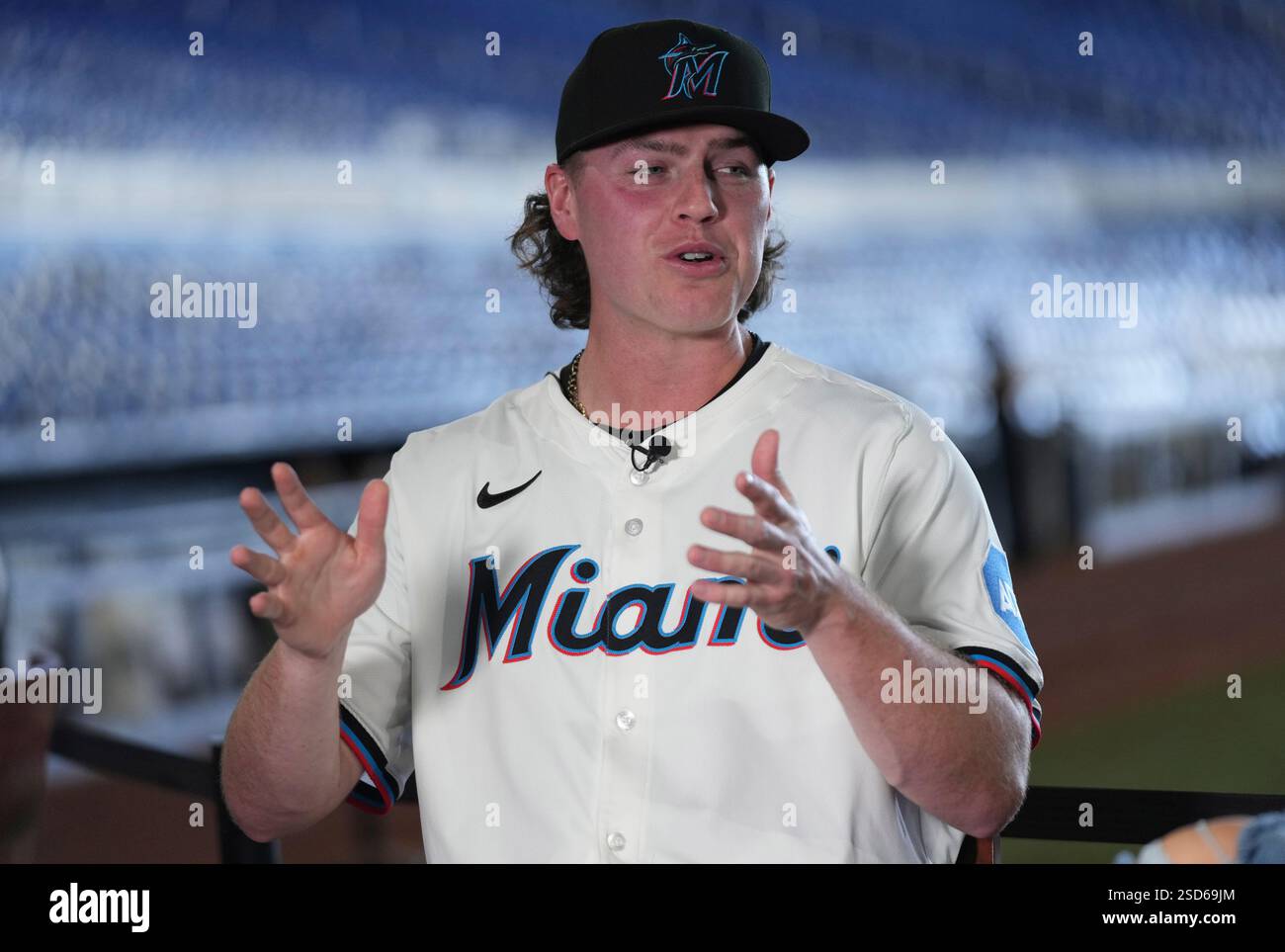 Miami Marlins pitcher Ryan Weathers is interviewed during the baseball ...