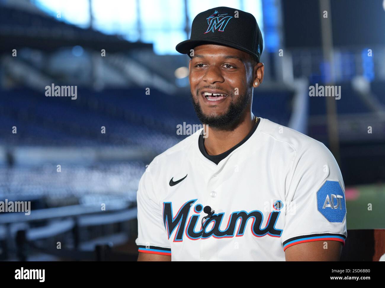 Miami Marlins infielder Otto Lopez is interviewed during the baseball ...