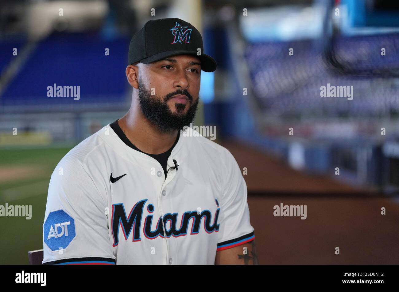 Miami Marlins starting pitcher Sandy Alcantara is interviewed during ...