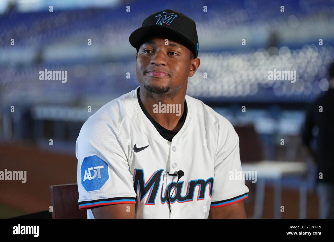 Miami Marlins infielder Xavier Edwards is interviewed during the ...