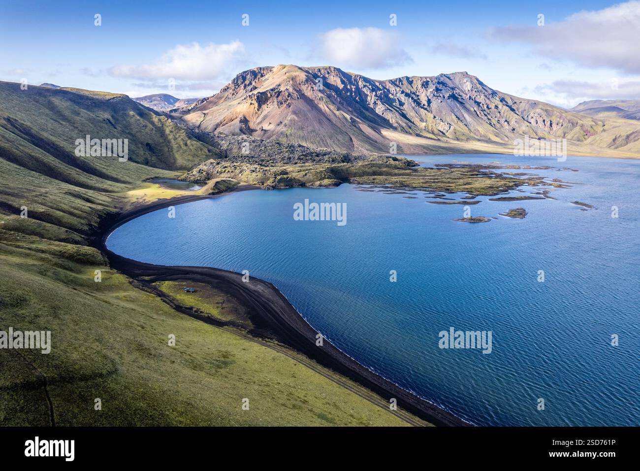 An aerial photograph volcanic terrain surrounding Landmannalaugar ...
