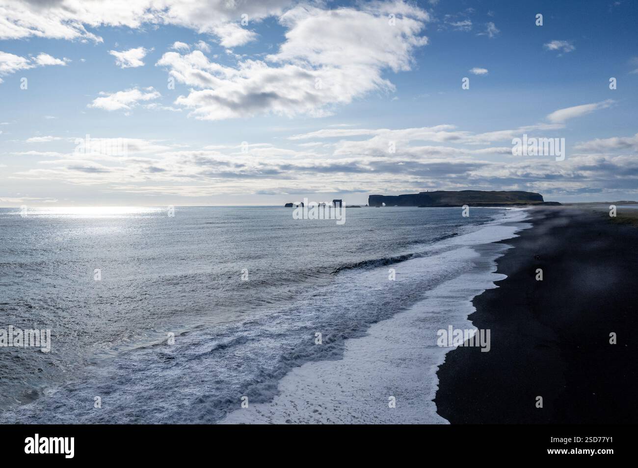 Aerail view a stunning black sandy beach Reynisfjara , sunset in ...