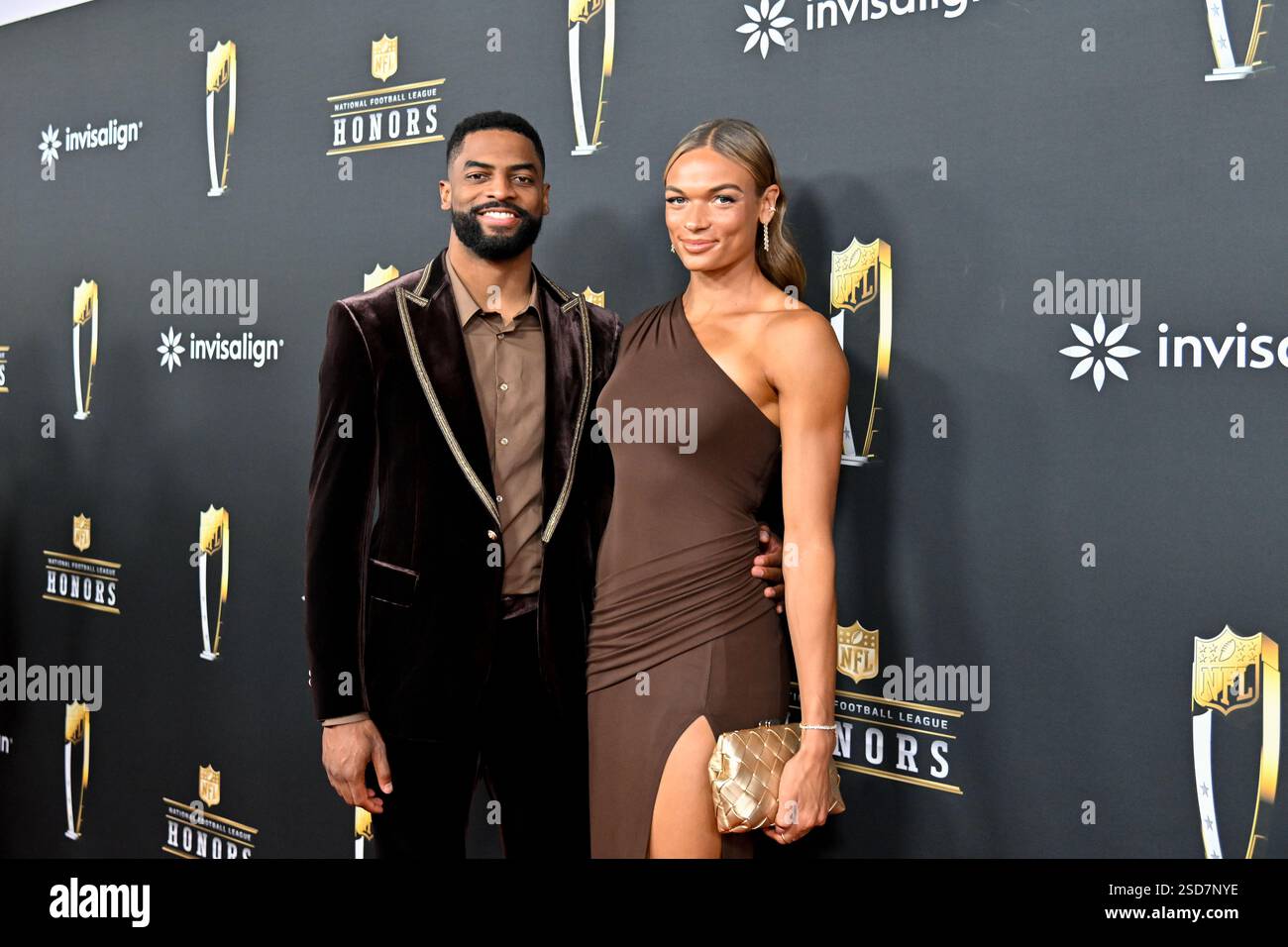 February 6, 2025, New Orleans LA; Darius Slayton and Anna Hall pose on the red carpet before ...