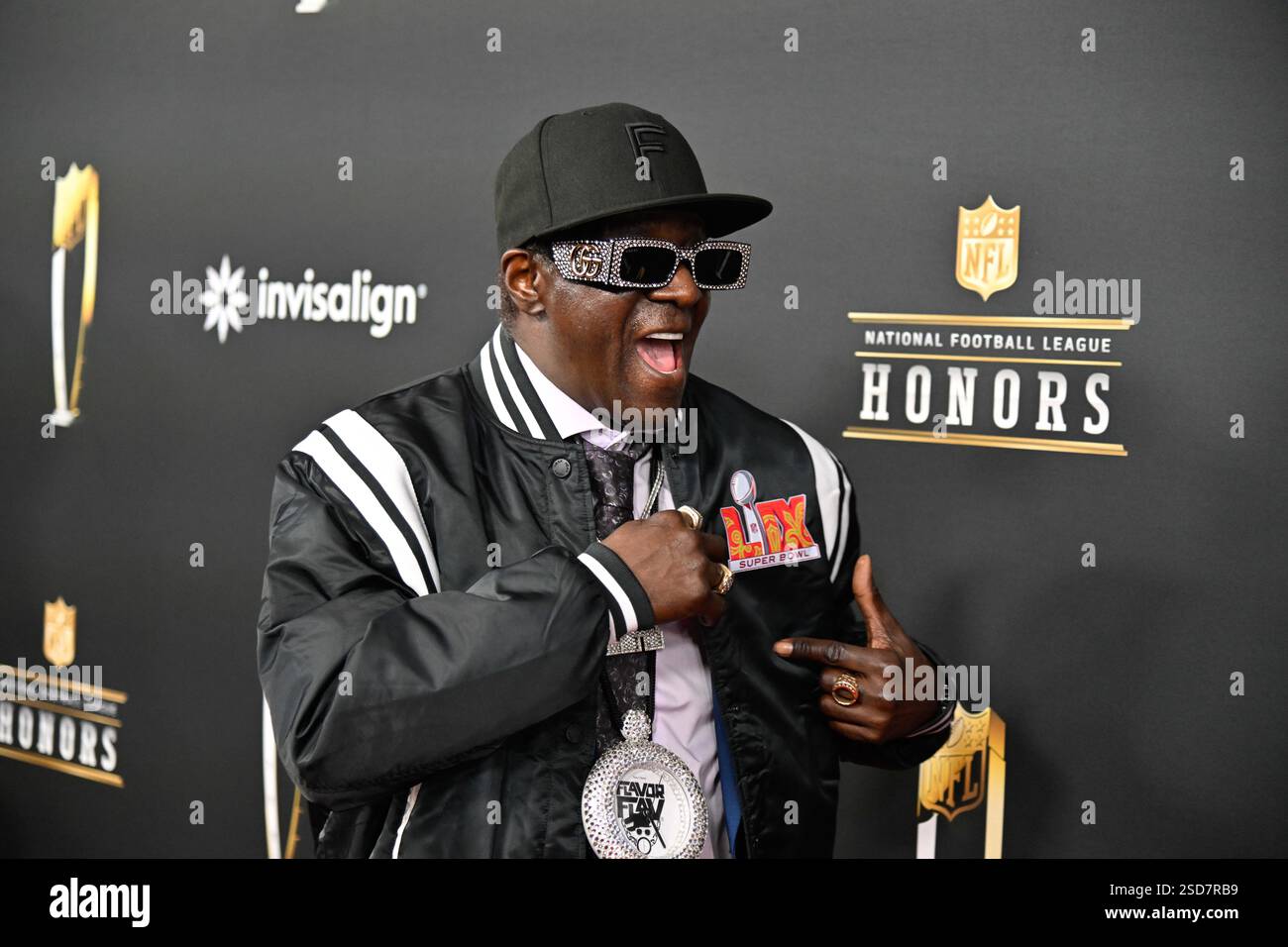 February 6, 2025, New Orleans LA; Flavor Flav poses on the red carpet ...
