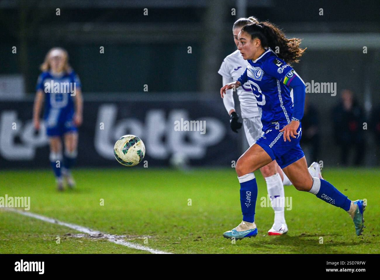 Gent, Belgium. 07th Feb, 2025. Nia Elyn (4) of KAA Gent Ladies pictured during a female soccer ...