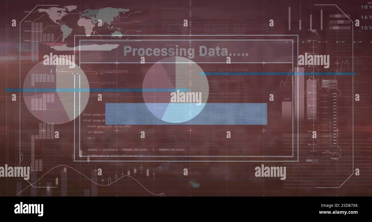 Image of digital interface displaying data processing with graphs and world map overlay Stock ...