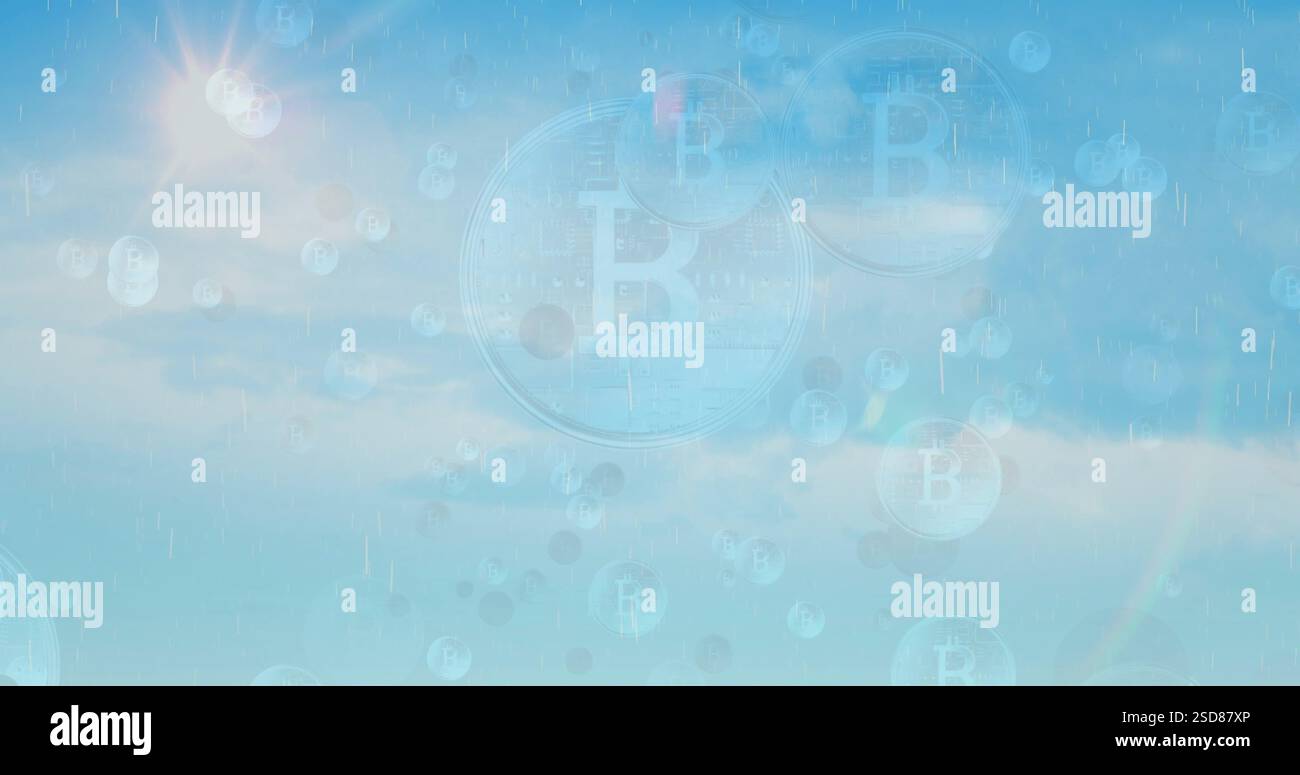 Digital bitcoin symbols floating against bright blue sky with clouds ...
