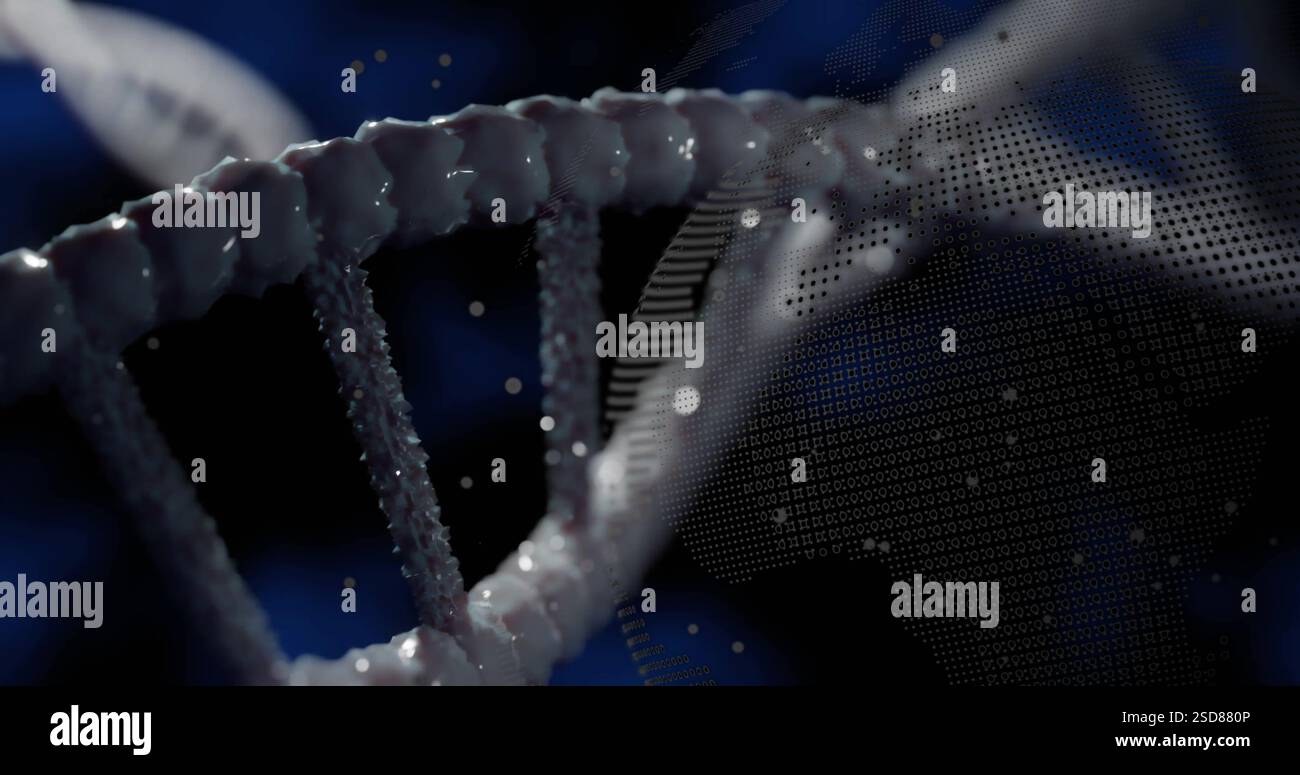 Image of close-up of dna strand with digital world map, highlighting ...