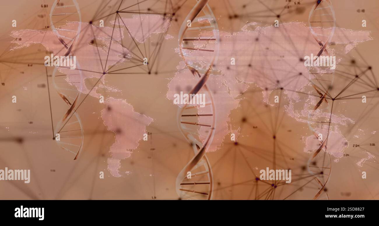 DNA strands and network connections image over world map background ...