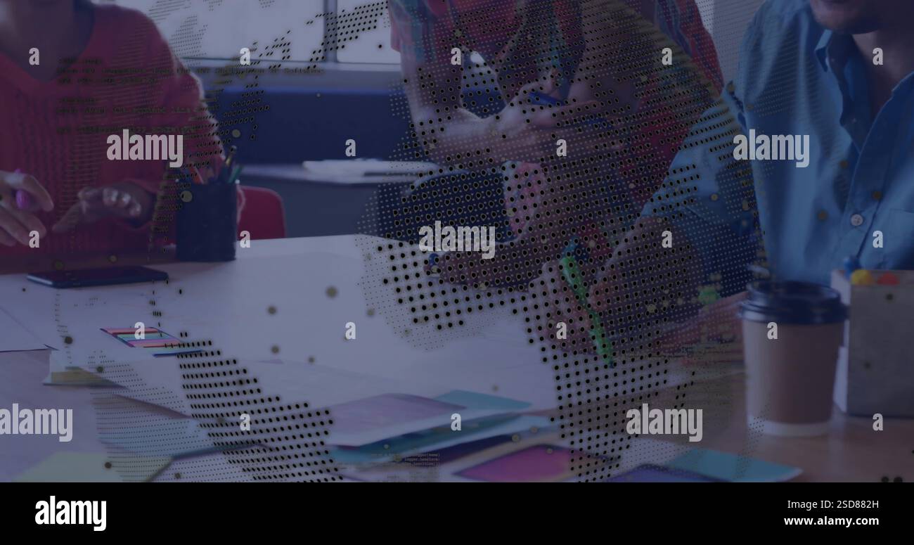 Collaborating on project, team brainstorming ideas with digital overlay ...