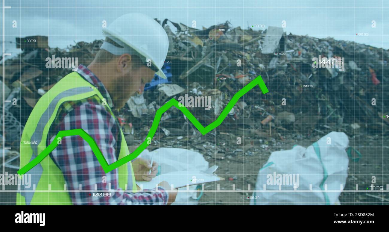 Green graph image over construction worker inspecting landfill site ...
