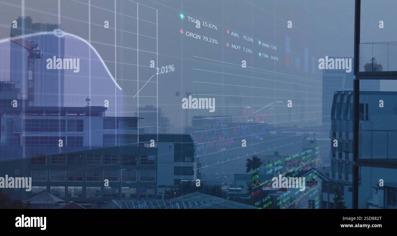 Financial data and stock market trends image over urban cityscape Stock ...